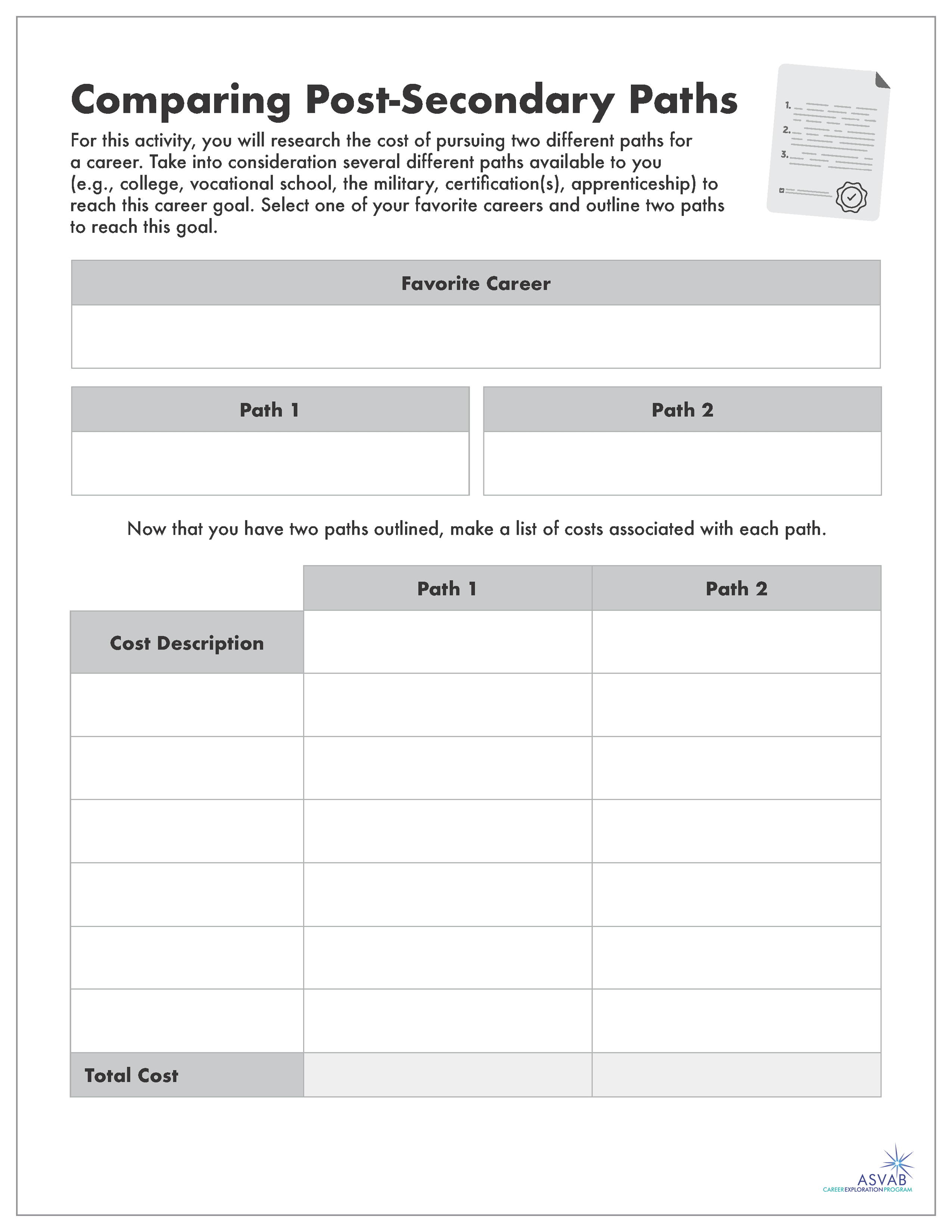 Career Exploration Activities For Students ASVAB CEP